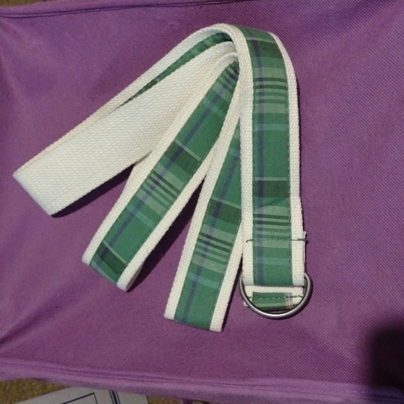 Accessories | White Canvas Belt With Green And Blue Plaid Strip | Poshmark